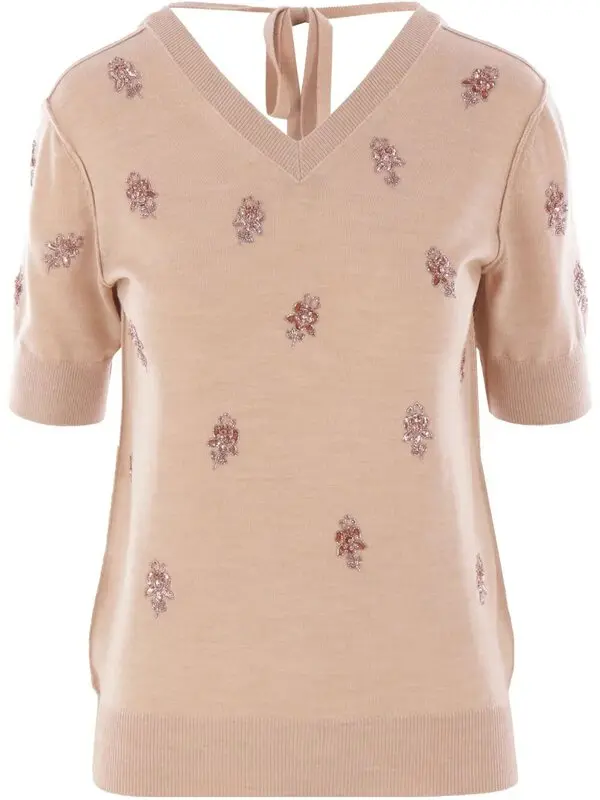 Fendi Floral Motif Embroidered Wool Cropped Jumper