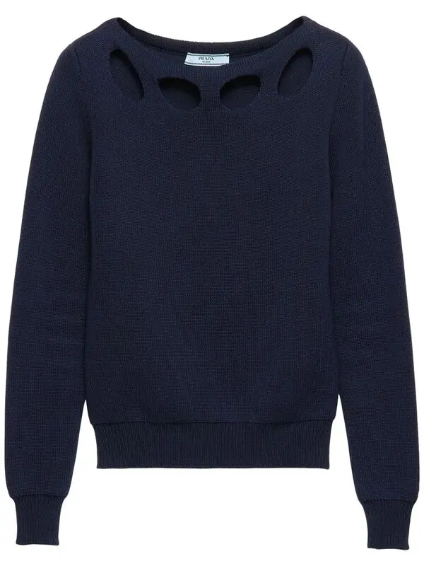 Prada Cotton Boat Neck Sweater With Cutouts - Blue