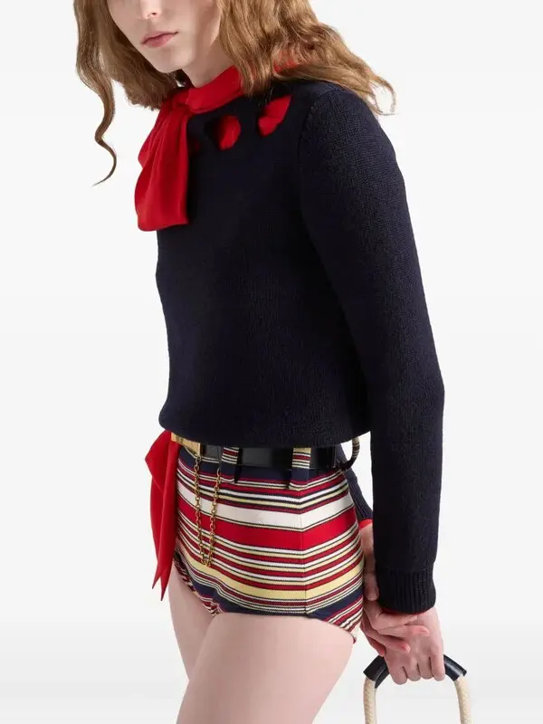 Prada Cotton Boat Neck Sweater With Cutouts - Blue