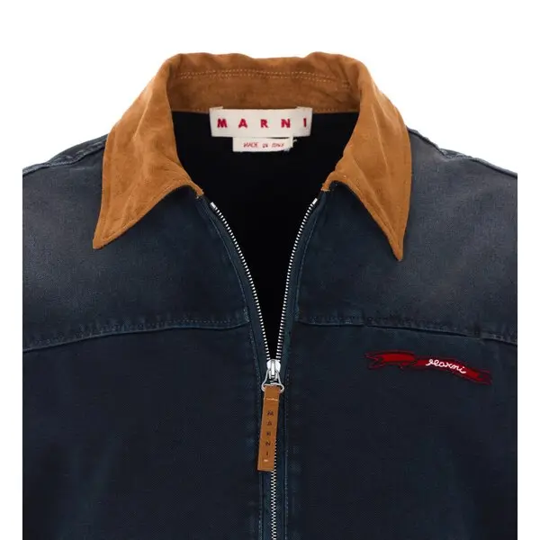 Marni Canvas Jacket With Contrasting Collar And Logo - Blue