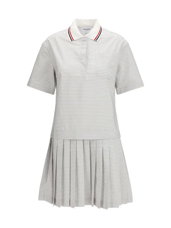 Thom Browne Cotton Polo Dress With Pleated Skirt And Striped Detail - Gray