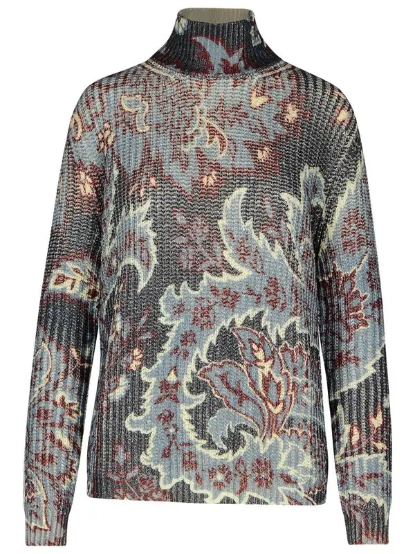 Etro Wool Turtleneck Sweater With Multicolored Logo Patterns - Multicolor