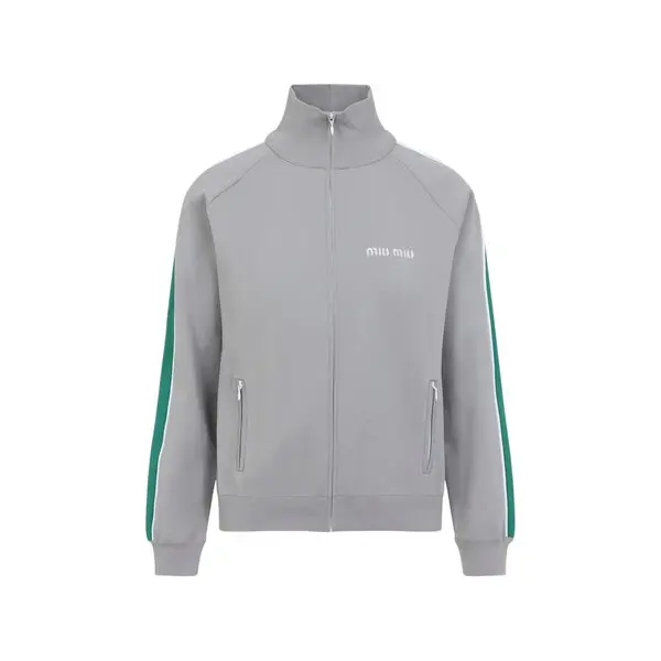 Miu Miu Grey Funnel Neck Zip-up Sweatshirt With Striped Sleeves