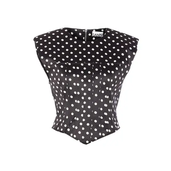GANNI Polka Dot Satin Corset Top - Black