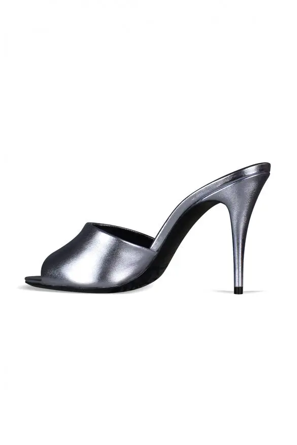 Saint Laurent La 16 Metallic Leather Mules - Silver