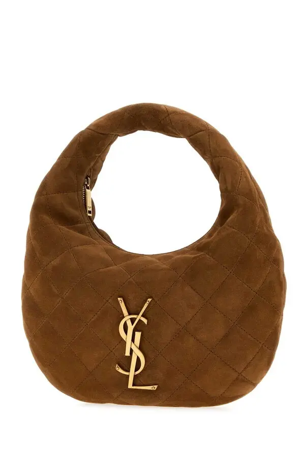 Saint Laurent Quilted Suede Shoulder Bag With Golden Metal Monogram - Brown