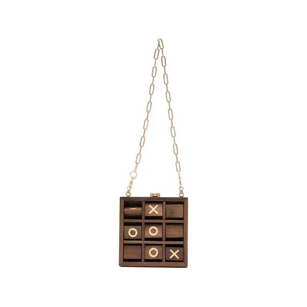Cult Gaia Wooden Tic Tac Toe Box Clutch With Gold Tone Chain