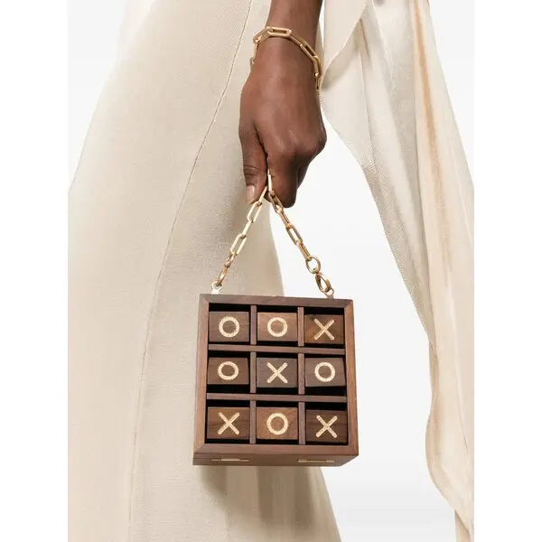 Cult Gaia Wooden Tic Tac Toe Box Clutch With Gold Tone Chain