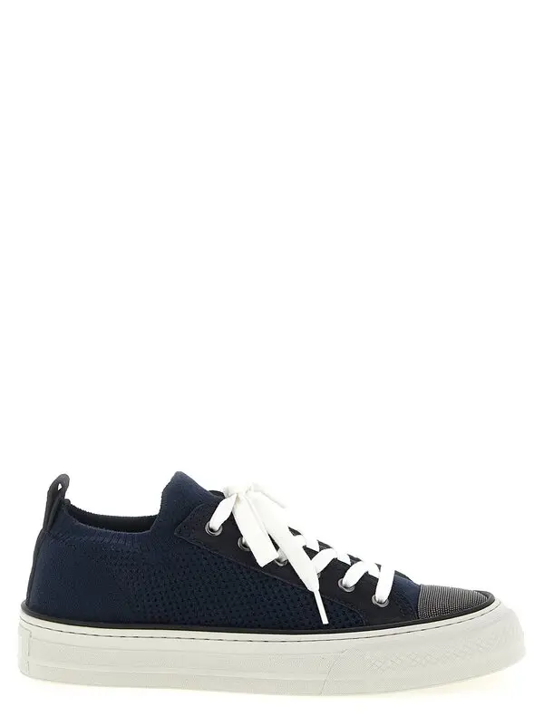 Brunello Cucinelli Cotton And Suede Knit Sneakers With Monile 'precious Toe