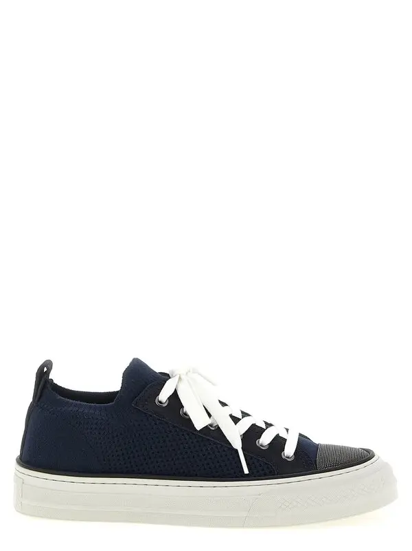 Brunello Cucinelli Cotton And Suede Knit Sneakers With Monile 'precious Toe - Blue