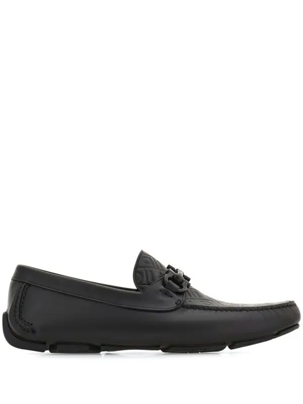 FERRAGAMO Embossed Gancini Monogram Driving Loafers - Black