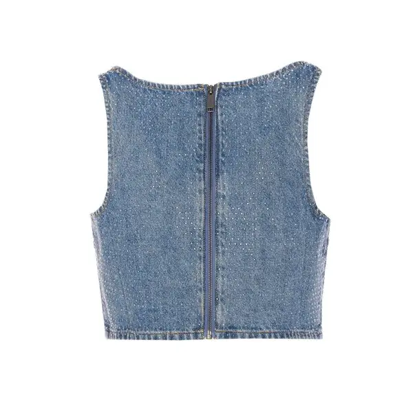 SELF-PORTRAIT Rhinestone Embellished Denim Crop Top - Blue