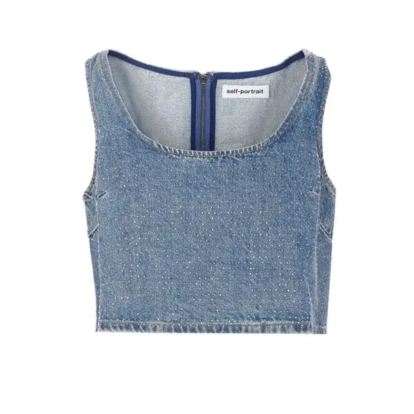 SELF-PORTRAIT Rhinestone Embellished Denim Crop Top - Blue
