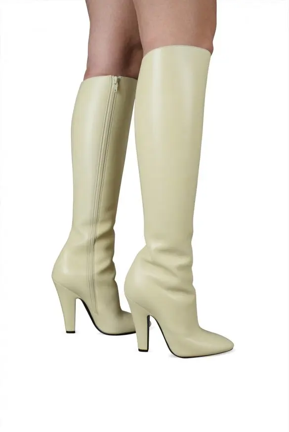 Saint Laurent Leather Zip-up High Heel Boots - Cream