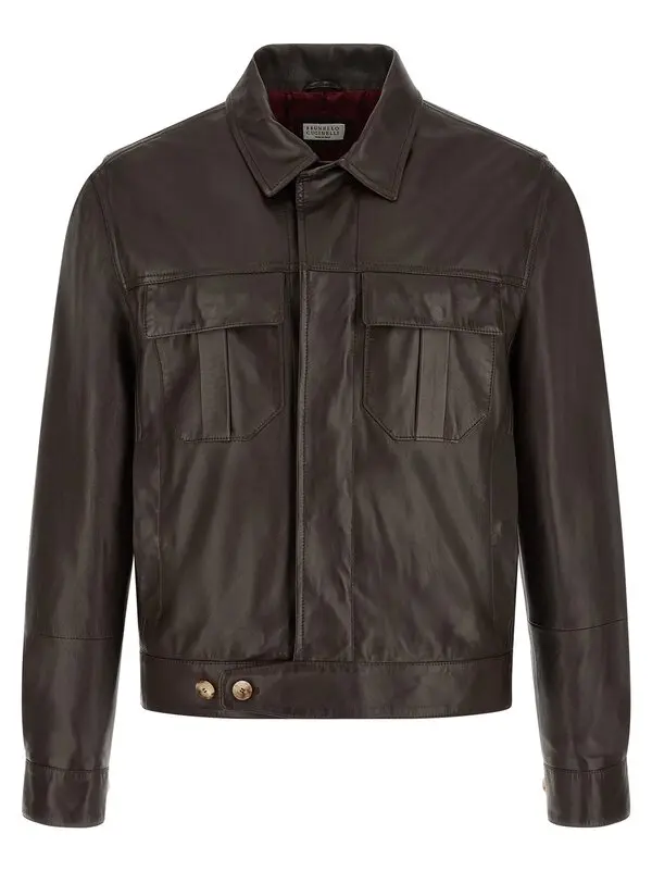 Brunello Cucinelli Leather Jacket With Shirt Collar - Brown