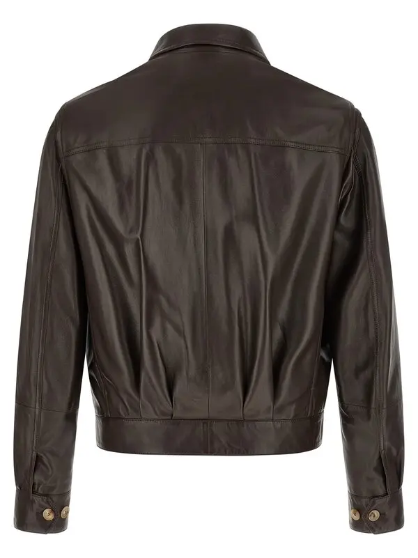 Brunello Cucinelli Leather Jacket With Shirt Collar - Brown