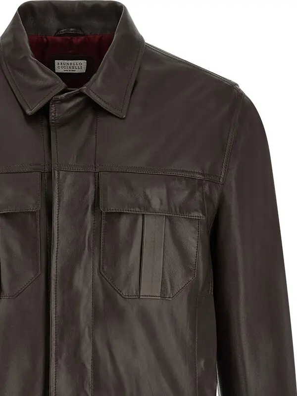 Brunello Cucinelli Leather Jacket With Shirt Collar - Brown