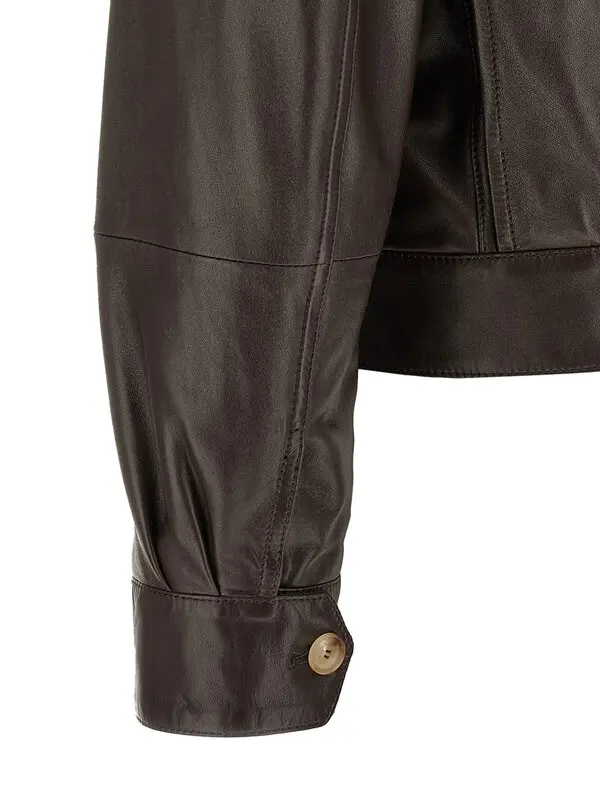 Brunello Cucinelli Leather Jacket With Shirt Collar - Brown