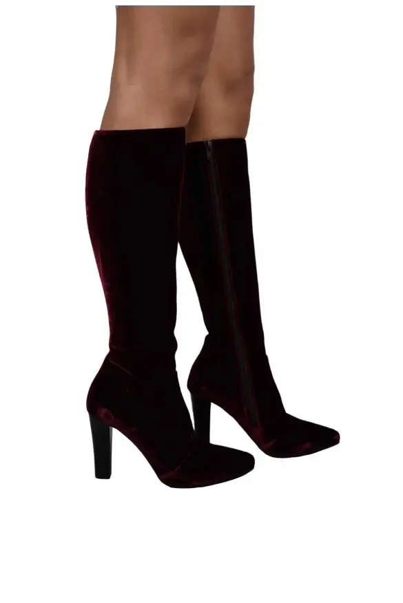 Saint Laurent Velvet Knee High Zip Up High Heel Boots - Red