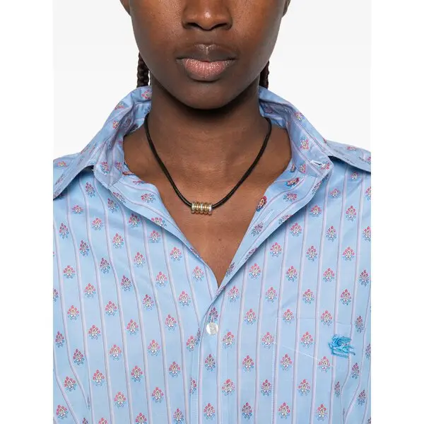 Etro Light Floral Print Striped Cotton Button-up Shirt