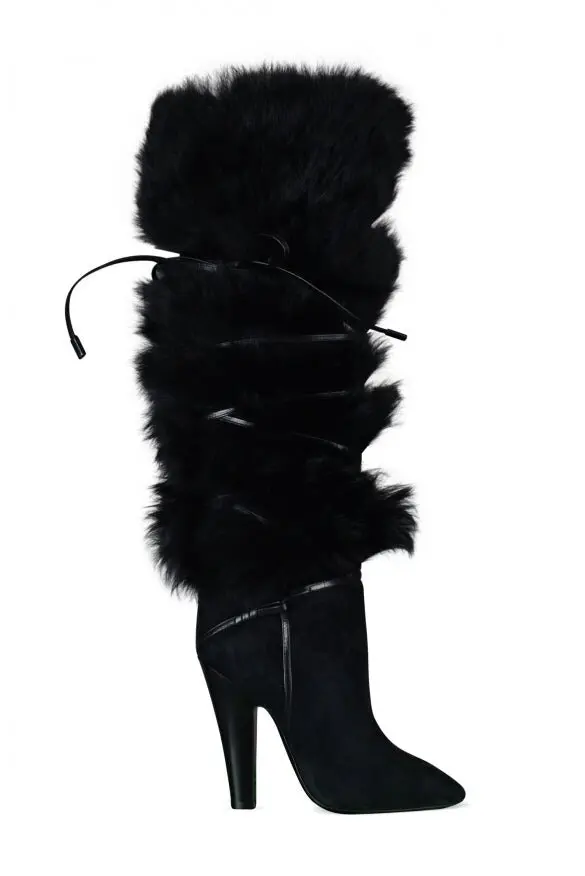 Saint Laurent Suede And Fur High Heel Boots - Black