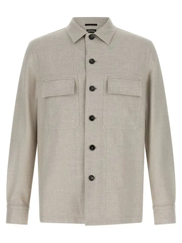 Zegna Crossover Overshirt In Linen, Wool, And Silk - Gray