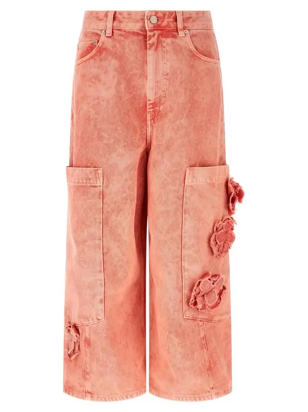 GANNI Cropped Cargo Jeans With Floral Embellishments - Pink