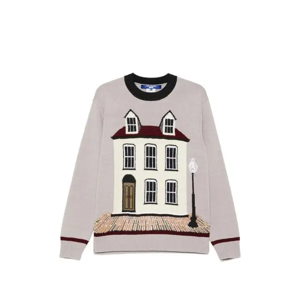 Junya Watanabe Stone Grey Wool Blend Crew Neck House Motif Sweater