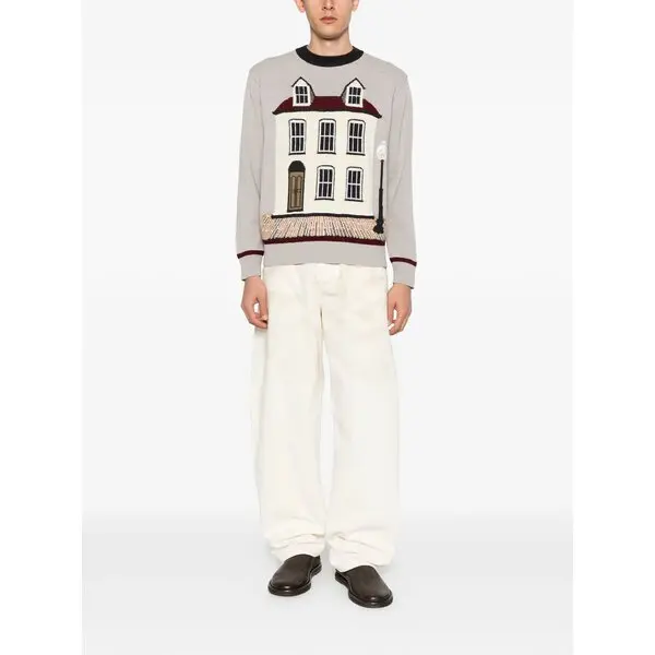Junya Watanabe Stone Grey Wool Blend Crew Neck House Motif Sweater