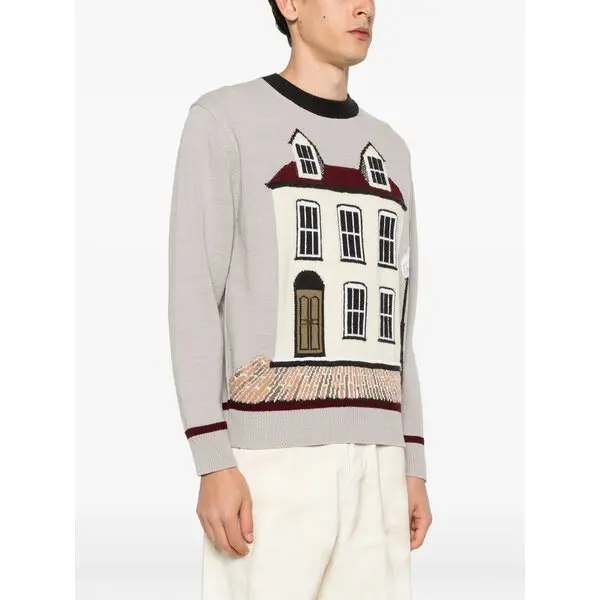 Junya Watanabe Stone Grey Wool Blend Crew Neck House Motif Sweater