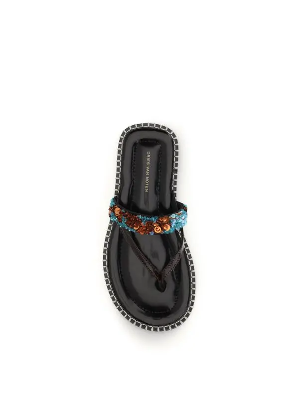 Dries Van Noten Sequined Leather Flip Flop Sandals - Black