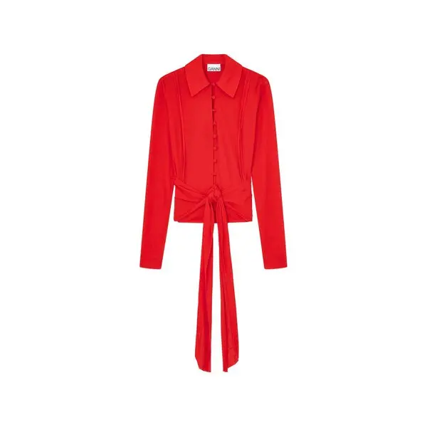 GANNI Spread Collar Long Sleeve Tie Detail Shirt