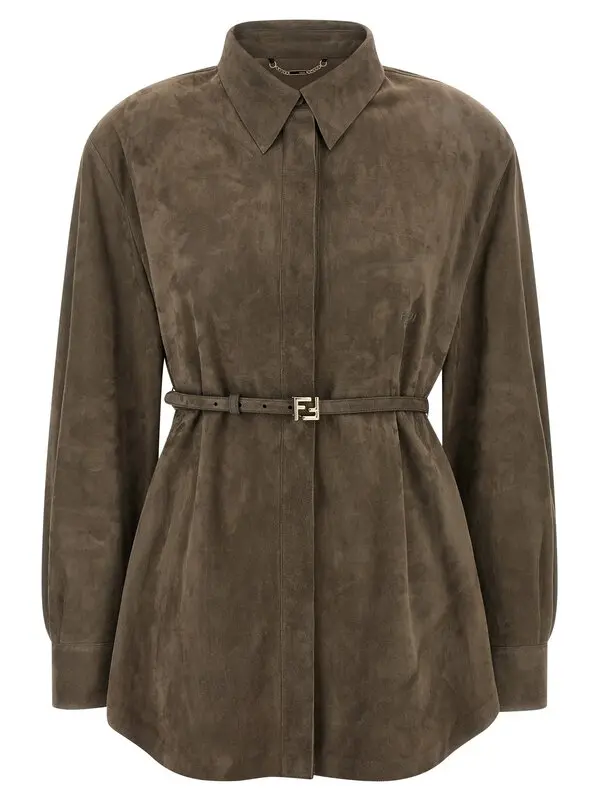 Fendi Suede Shirt With Embroidered Logo And Belt - Gray
