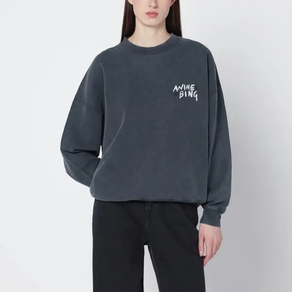 ANINE BING Washed Cotton Logo Sweatshirt - Black