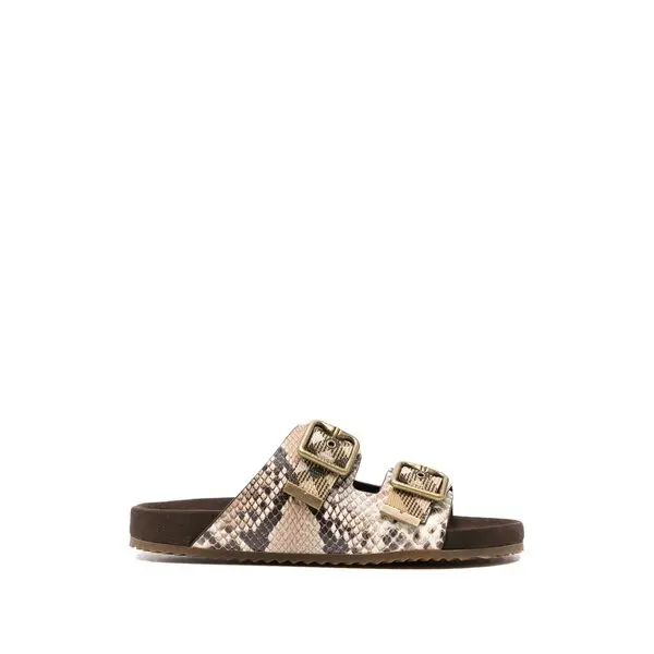 Burberry Python-print Leather Slides With Check Detail - Cream
