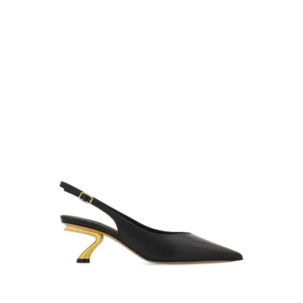 FERRAGAMO Leather Slingback Pumps With Sculptural Gold-tone Heel - Black