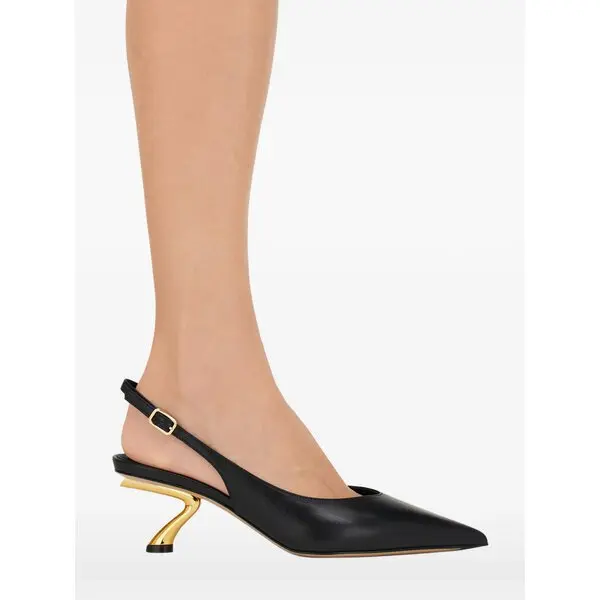 FERRAGAMO Leather Slingback Pumps With Sculptural Gold-tone Heel - Black