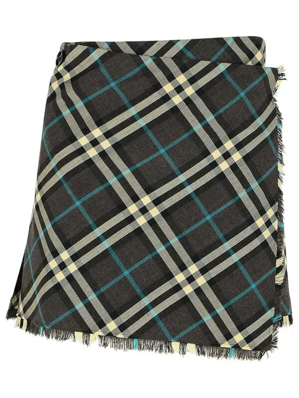 Burberry Check Patterned Skirt With Leather Buckle Detail - Green