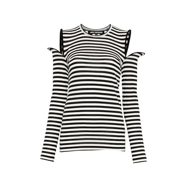 Junya Watanabe And White Striped Cold Shoulder Long Sleeve Top
