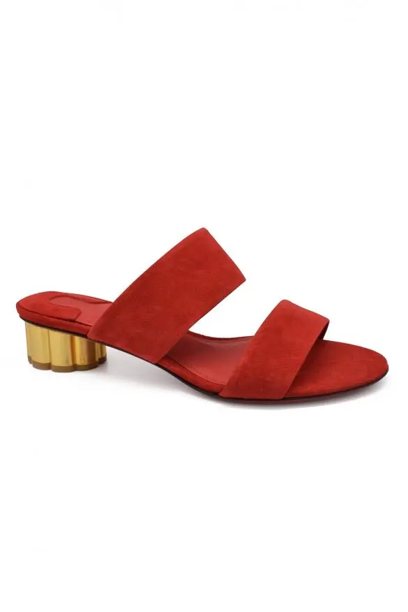 FERRAGAMO Suede Mules With Golden Flower Heel