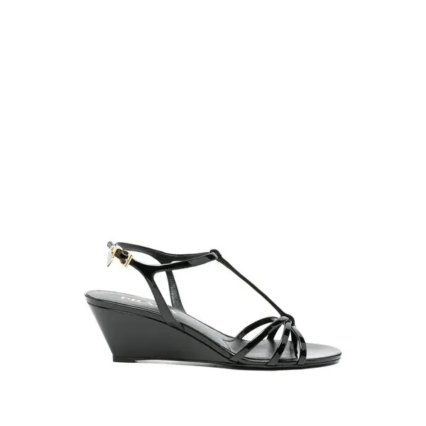 Prada Leather Wedge Sandals With Metal Logo Buckle - Black