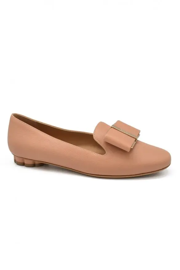FERRAGAMO Nude Leather Bow Detail Slippers