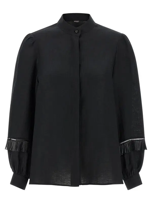 Kiton Linen Shirt With Puff Shoulders And Fringe Detail - Black
