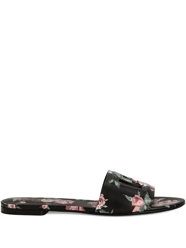 Dolce & Gabbana Floral Print Calfskin Slide Sandals - Black