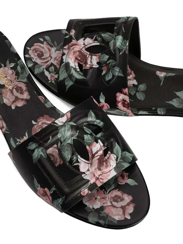 Dolce & Gabbana Floral Print Calfskin Slide Sandals - Black