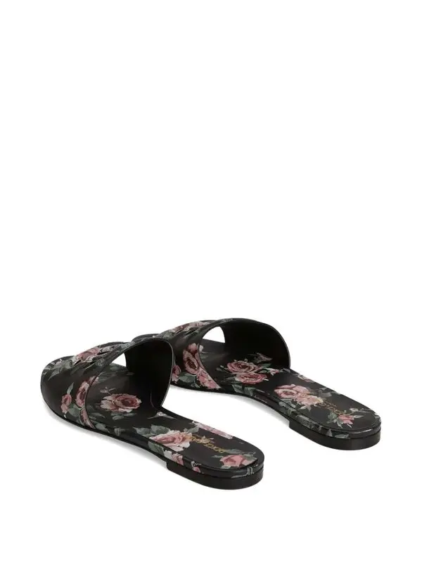 Dolce & Gabbana Floral Print Calfskin Slide Sandals - Black