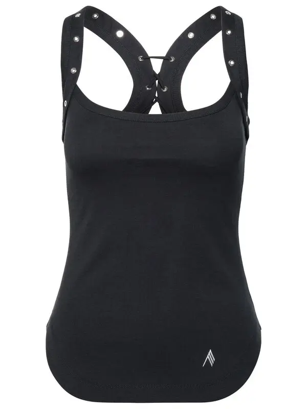 Attico Cotton Top With Silver Studs And Lace-up Detail - Black