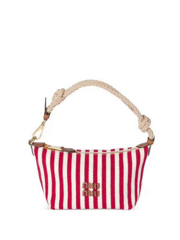 Miu Miu Striped Cotton And Leather Pouch With Rope Handle - Red