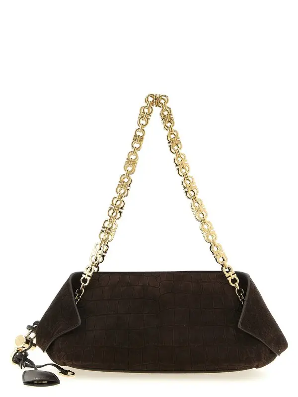 FERRAGAMO Croc Effect Suede Shoulder Bag - Brown