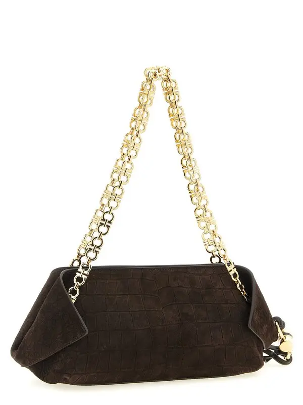 FERRAGAMO Croc Effect Suede Shoulder Bag - Brown